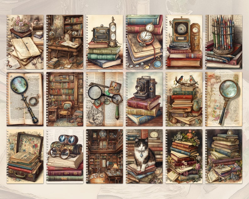 Dark Academia Vintage Books, Antique Library Ephemera, Junk Journal Kit ...