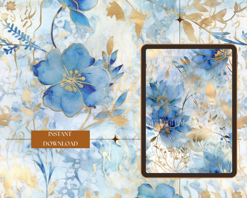 Distressed Blue and Gold Digital Paper, Gold Foil Patterns, Vintage ...