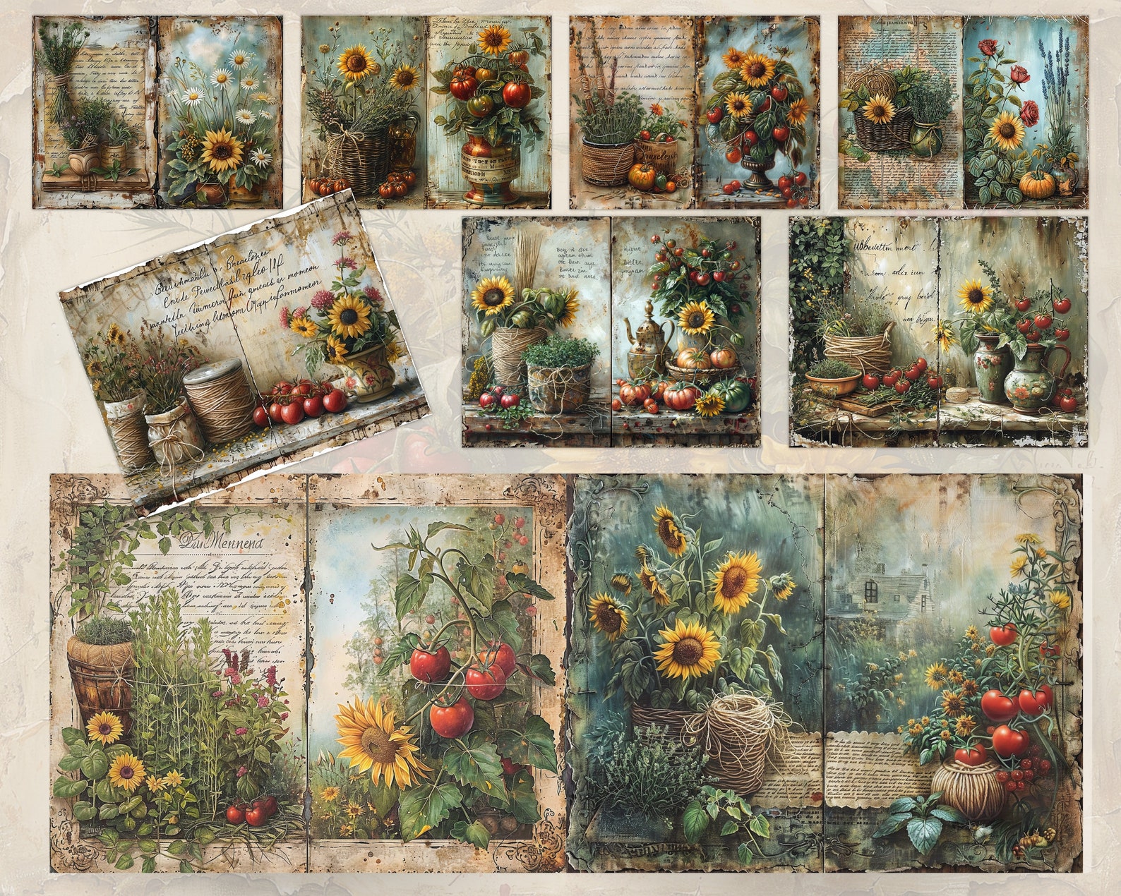Junk Journal Kit Sunflower Tomato, Vintage Garden Ephemera Collage ...