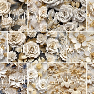 3D Ivory and Gold Floral Seamless Patterns: 12x12 Digital Paper (16 ...