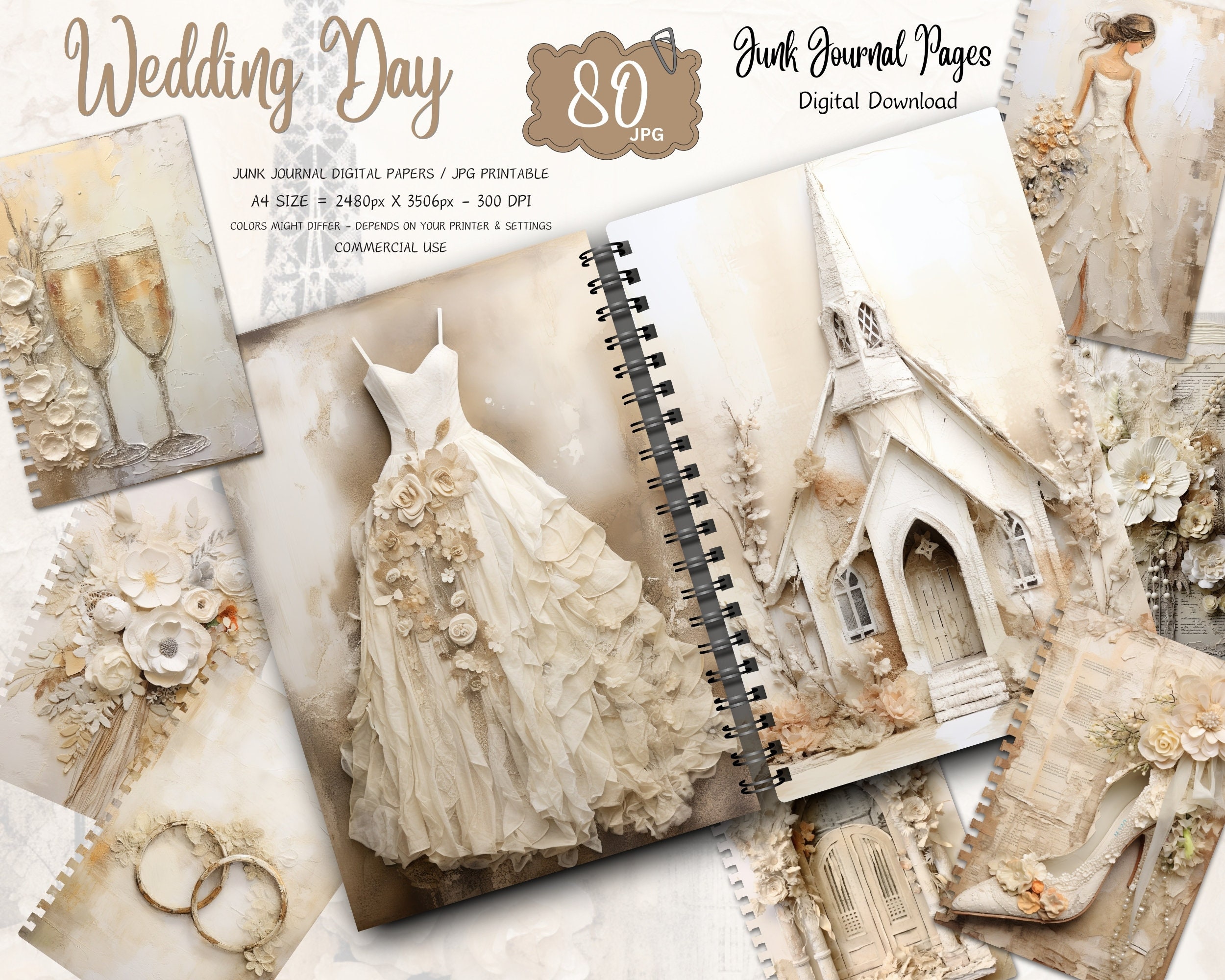Vintage Wedding Junk Journal Pages, Digital Scrapbook Paper Kit, Bridal Printable, Flowers ...