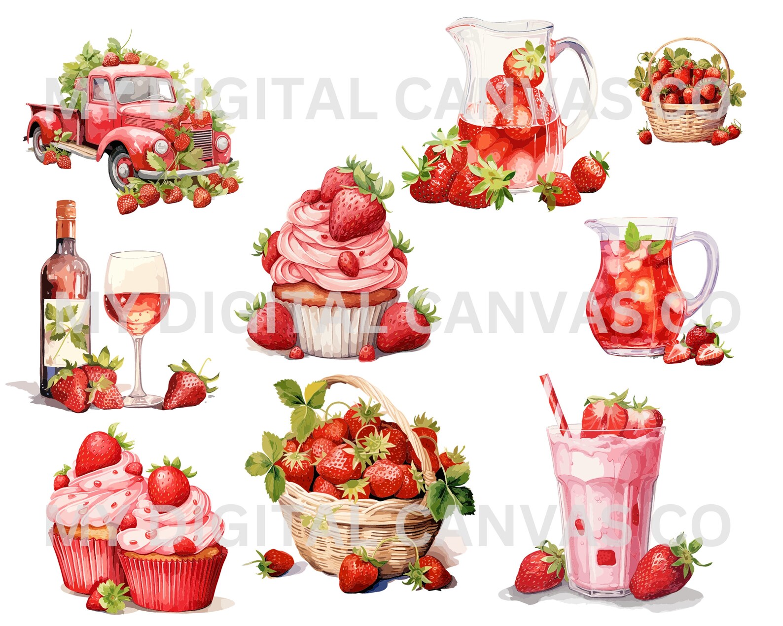 Watercolor Strawberries Clipart Digital Png SVG Strawberry Cupcake and ...