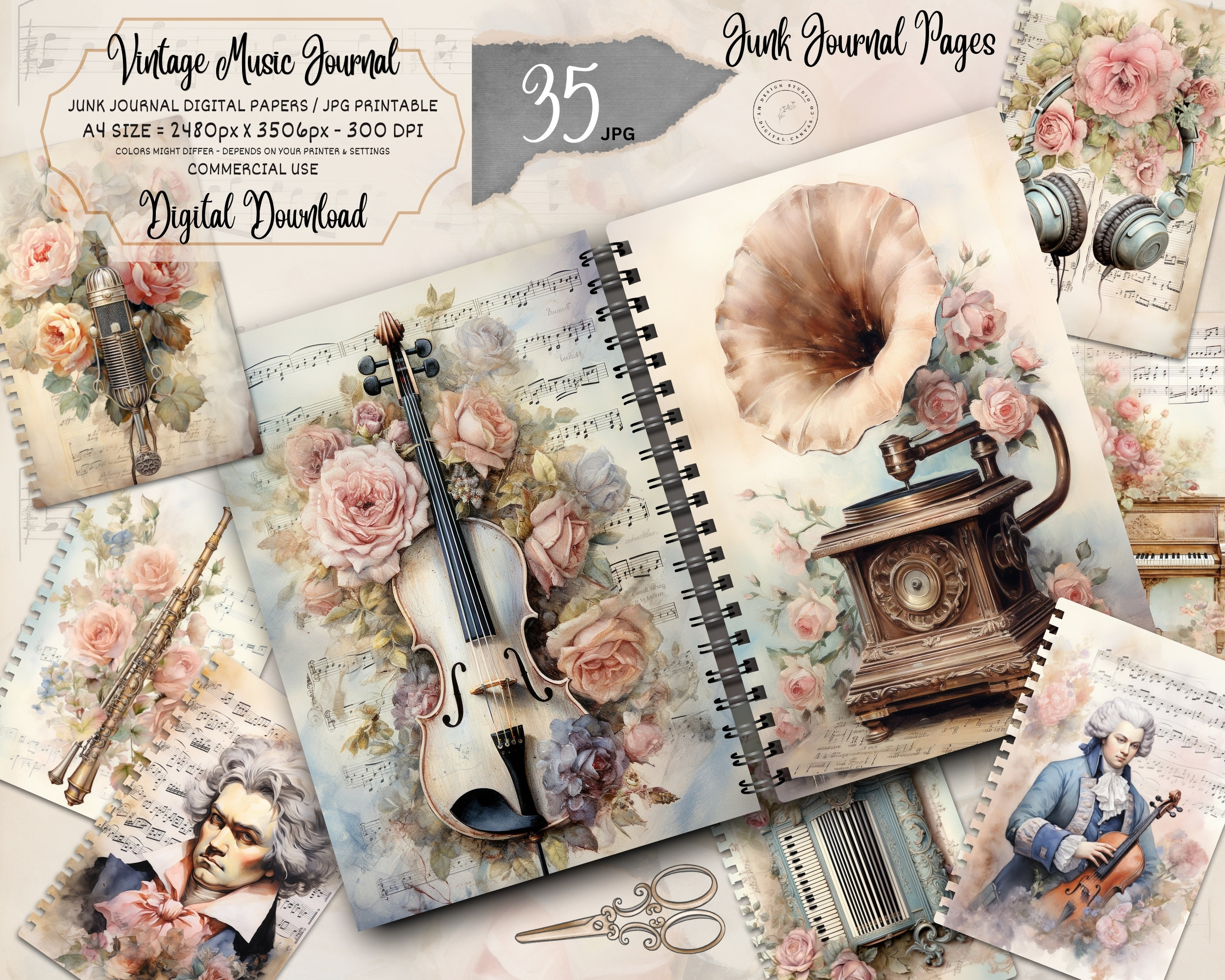 Vintage Music Junk Journal Pages, Digital Scrapbook Paper Kit, Musical ...