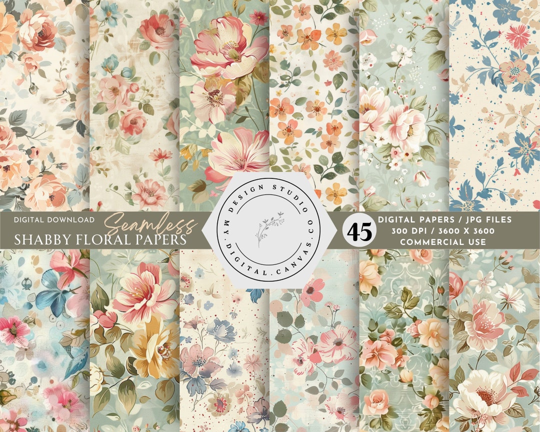 Shabby Chic Floral Paper Pack | Vintage Scrapbook Patterns (digital ...