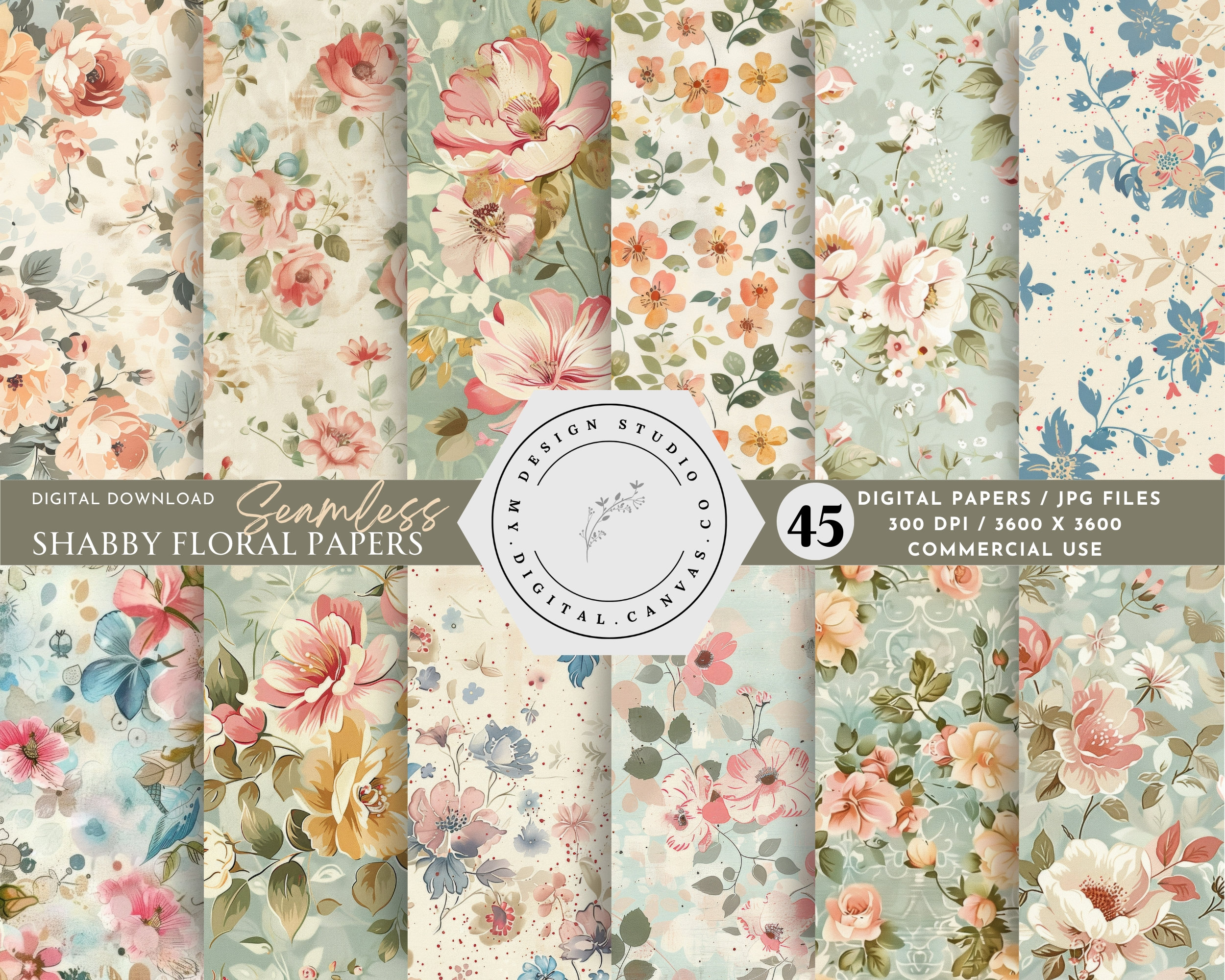 Shabby Chic Floral Paper Pack | Vintage Scrapbook Patterns (digital ...