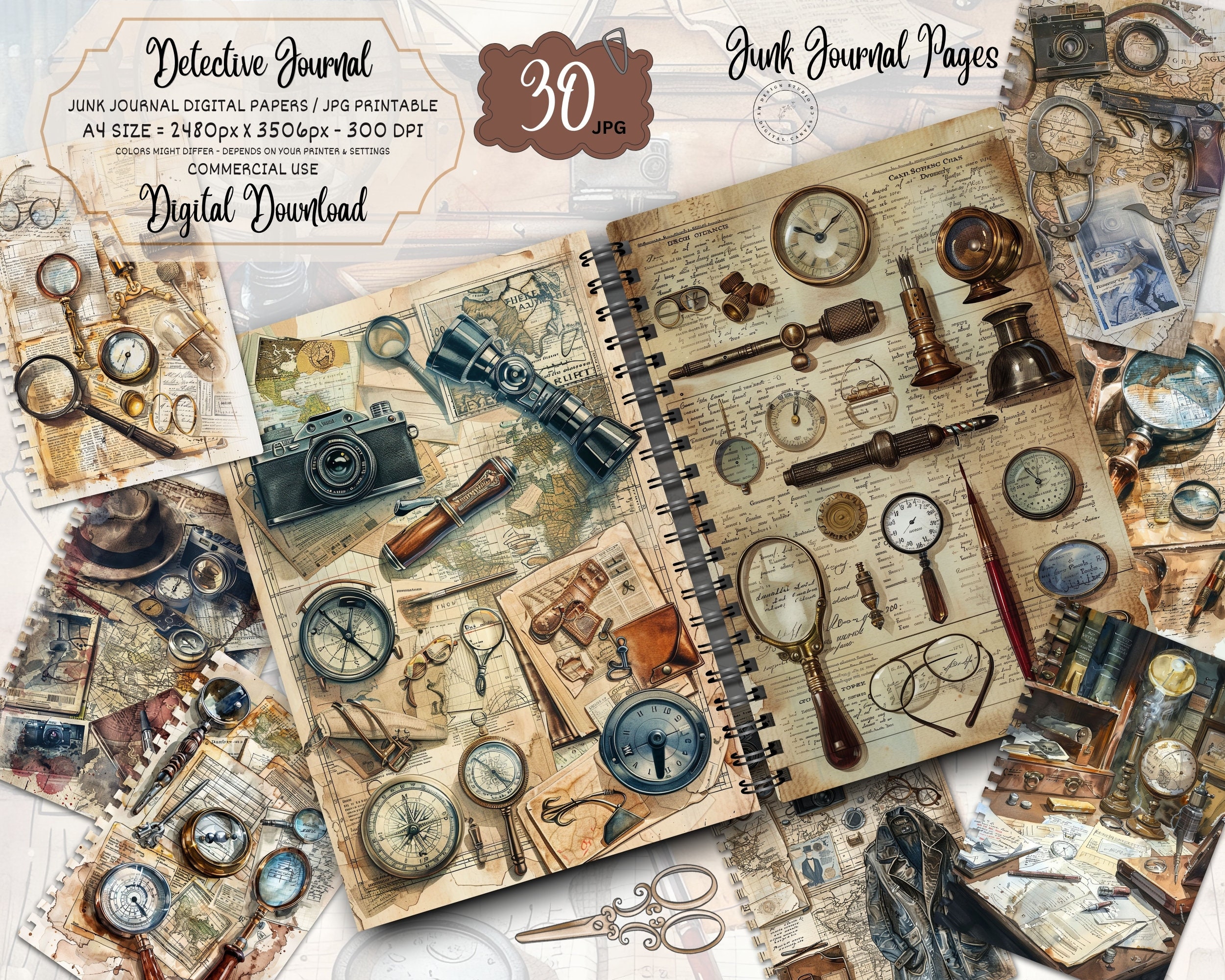 Vintage Detective Junk Journal Pages, Digital Scrapbook Paper Kit ...