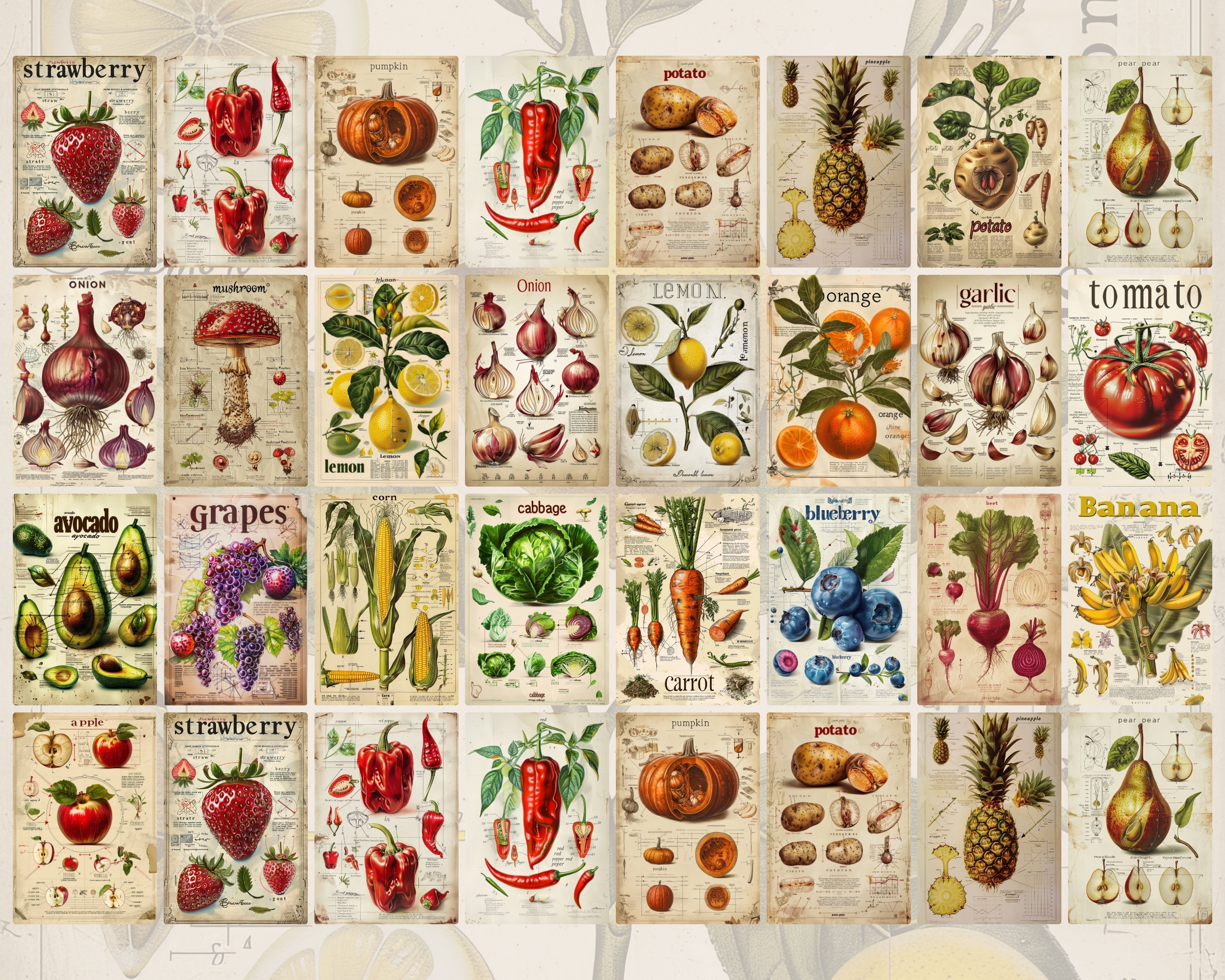 Fruit and Vegetable Journal Pages, Digital Watercolor Scrapbook Paper ...