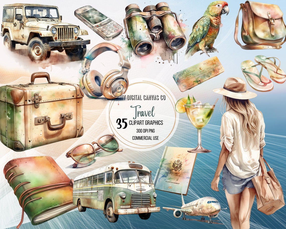 Vintage Summer Beach Watercolor Clipart Set, Vacation Clip Art, Boho ...