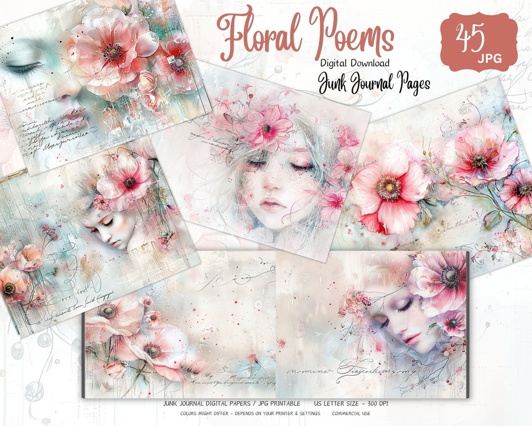 Floral Poems Digital Papers - Whimsical Botanical Illustrations for ...