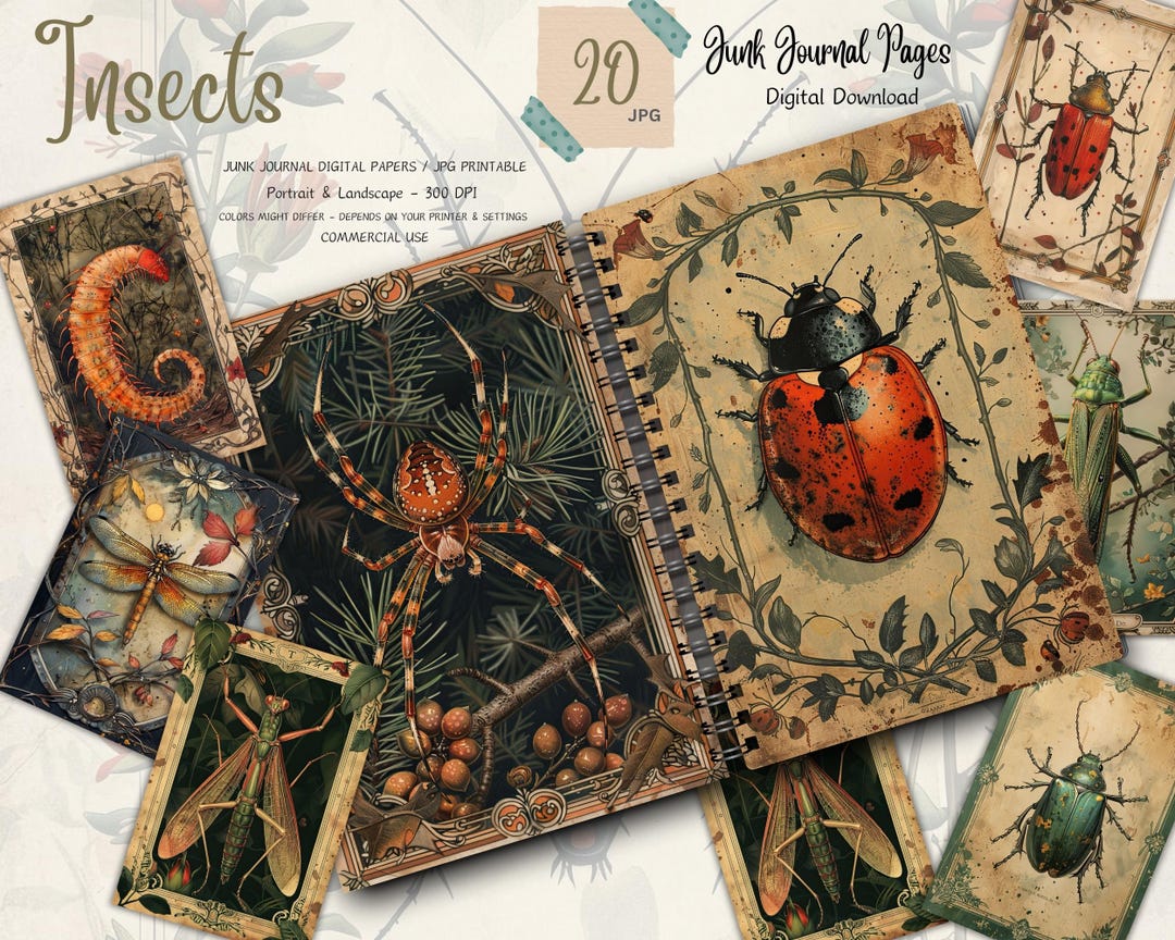 Insects Junk Journal Pages, Digital Scrapbook Paper Kit, Botanical ...