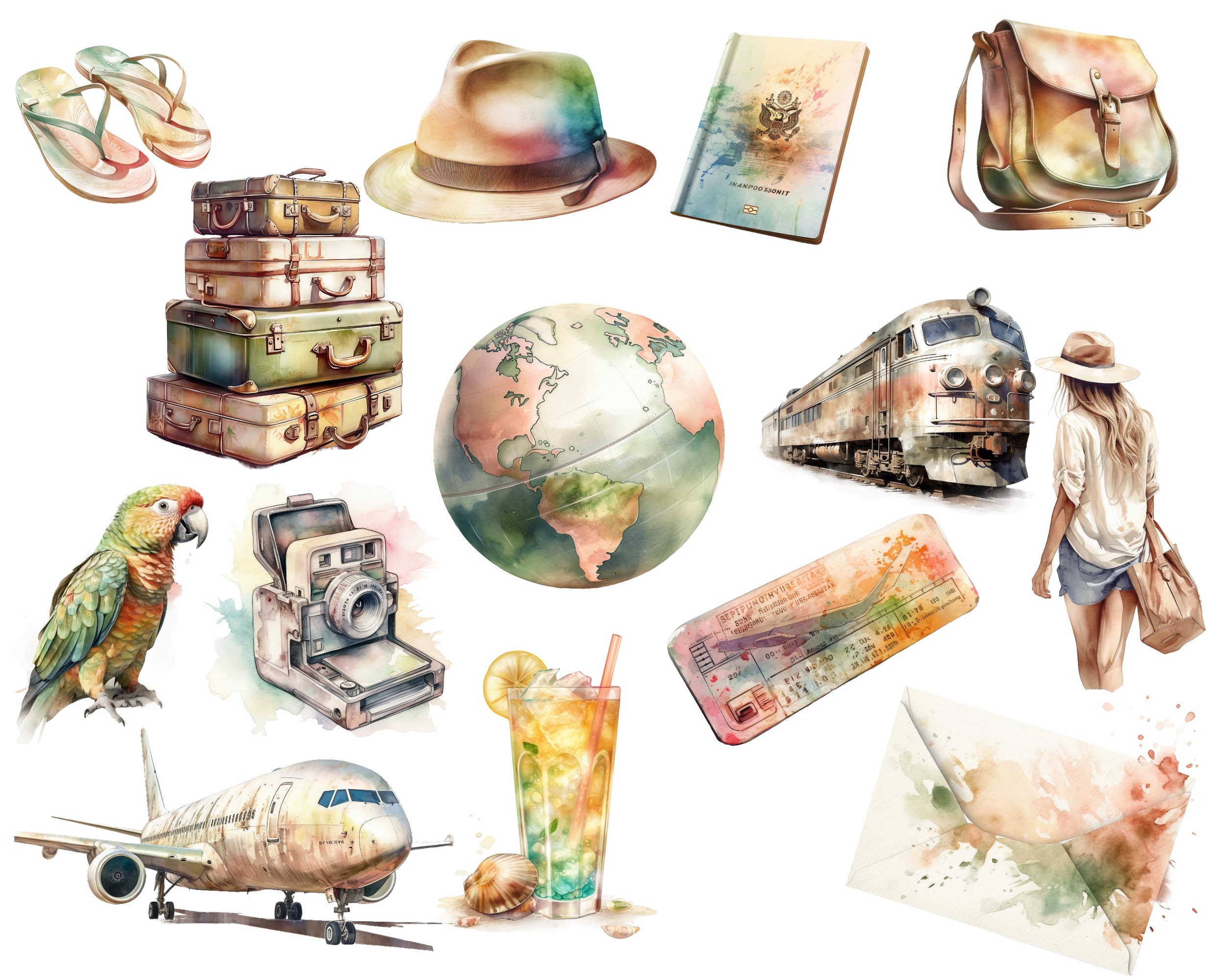 Vintage Summer Beach Watercolor Clipart Set, Vacation Clip Art, Boho ...