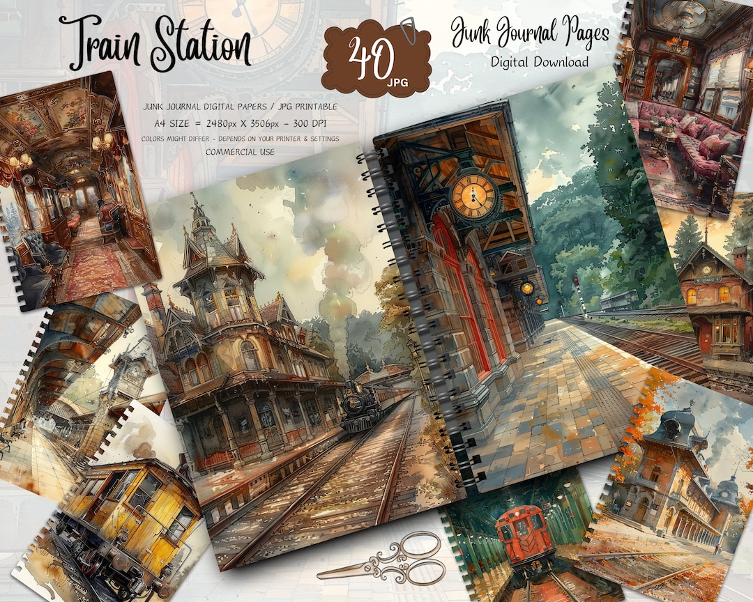 Vintage Train Junk Journal Pages, Digital Scrapbook Paper Kit ...
