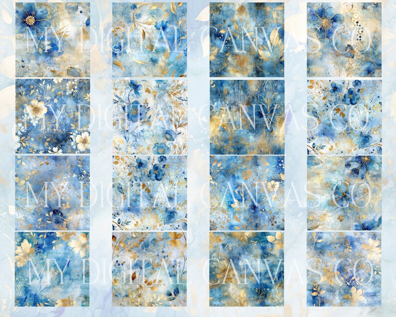 Distressed Blue and Gold Digital Paper, Gold Foil Patterns, Vintage ...