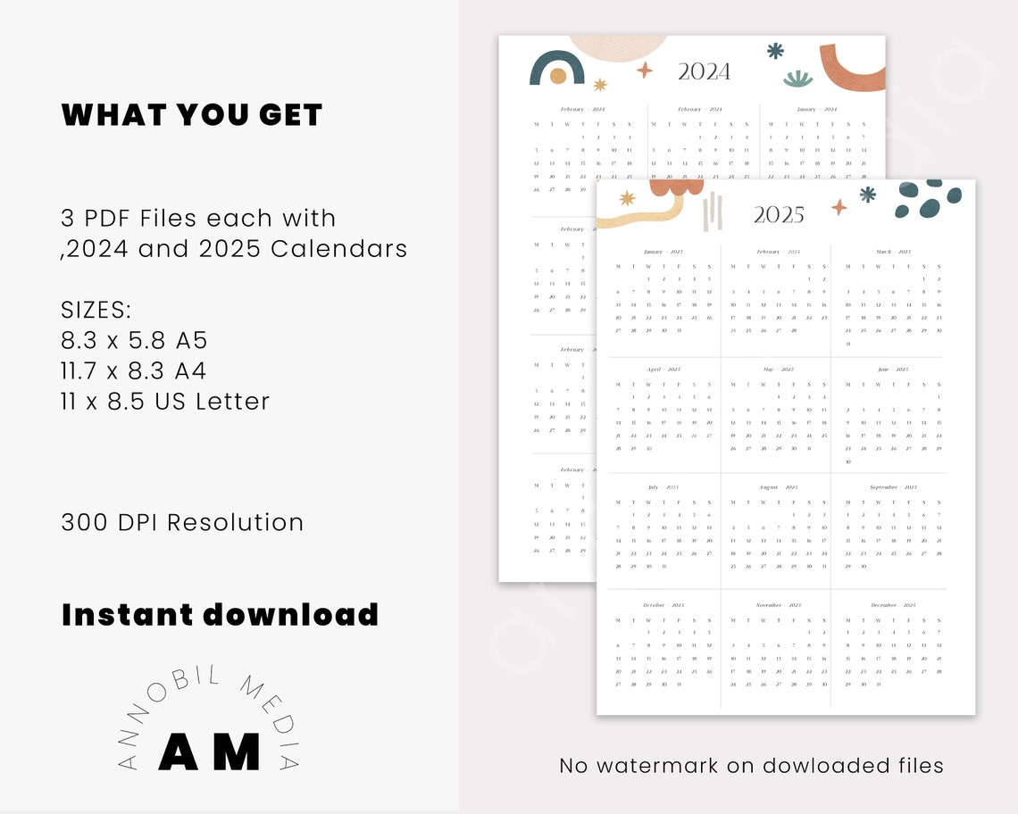 2024 and 2025 Calendar - Printable PDF - A4, A5, and US Letter Sizes - Etsy