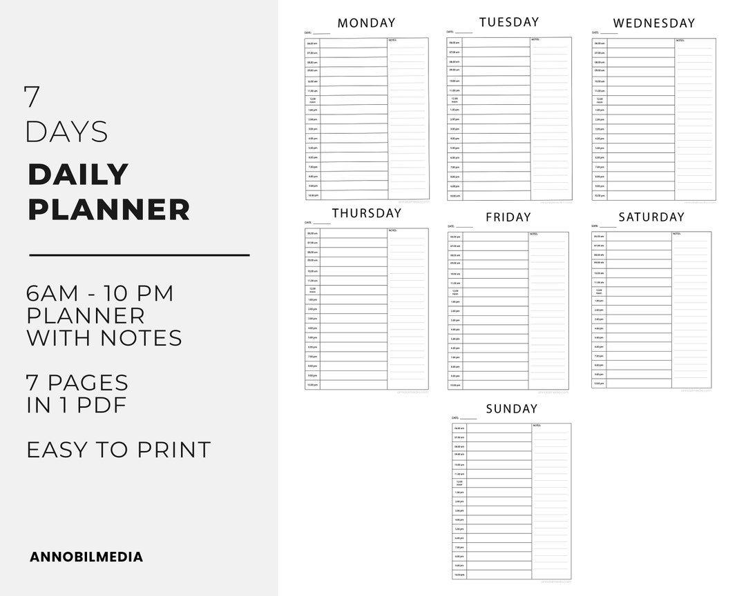 Efficient Days - 7 Day Printable Daily Planner Set. 6am to 10pm Planner ...