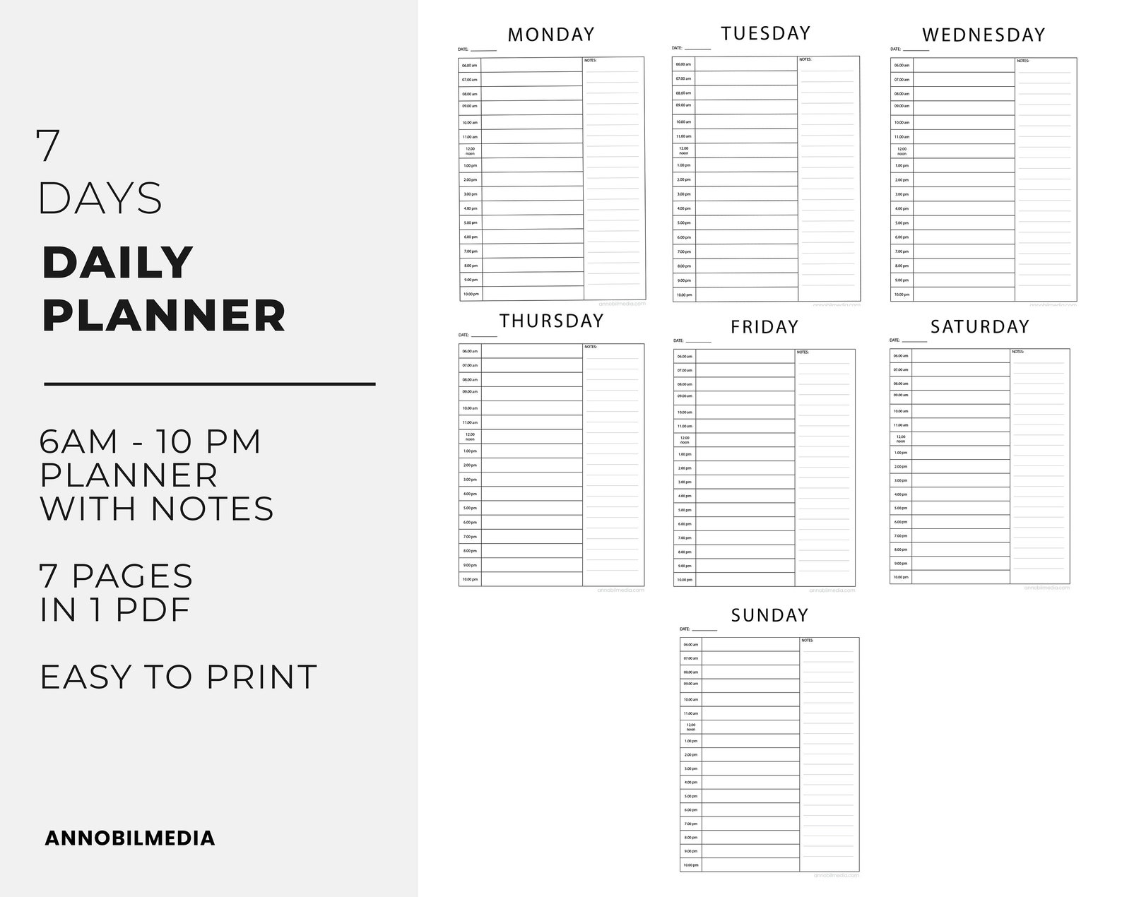 Efficient Days - 7 Day Printable Daily Planner Set. 6am to 10pm Planner ...