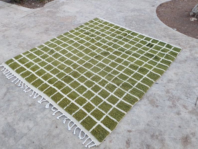 Soft GREEN WOOL Living Room ,berber Grid Pattern Rug ,stunning Moroccan ...