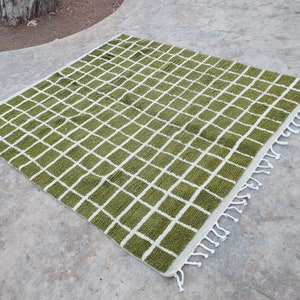 Soft GREEN WOOL Living Room ,berber Grid Pattern Rug ,stunning Moroccan Carpets Green , Beni ...