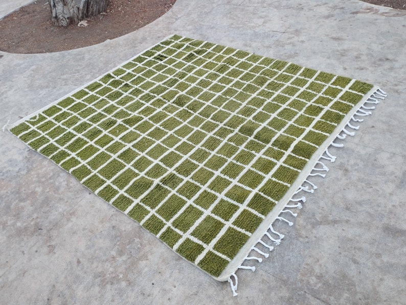 Soft GREEN WOOL Living Room ,berber Grid Pattern Rug ,stunning Moroccan ...