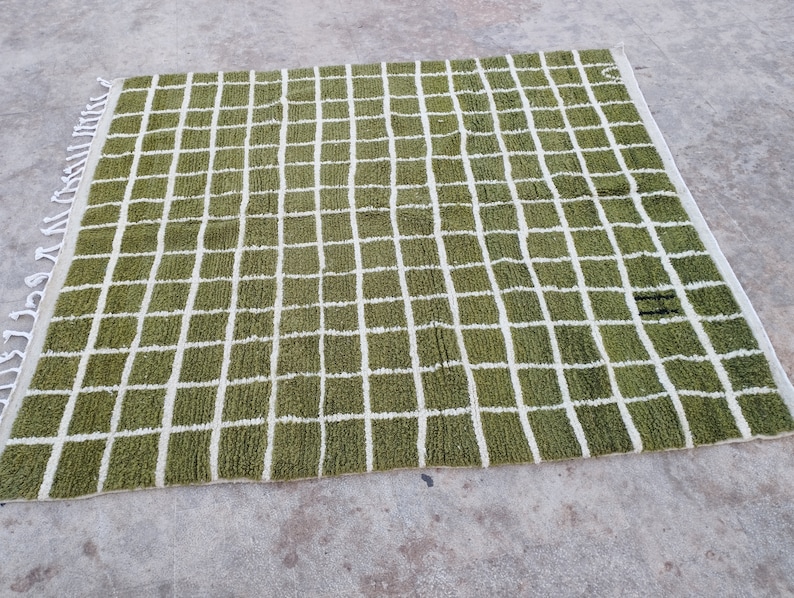 Soft GREEN WOOL Living Room ,berber Grid Pattern Rug ,stunning Moroccan ...