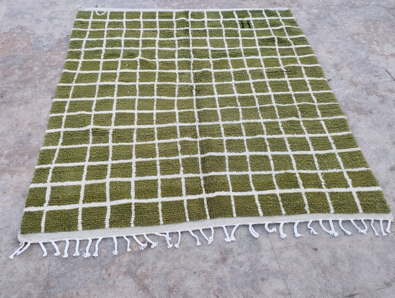 Soft GREEN WOOL Living Room ,berber Grid Pattern Rug ,stunning Moroccan ...