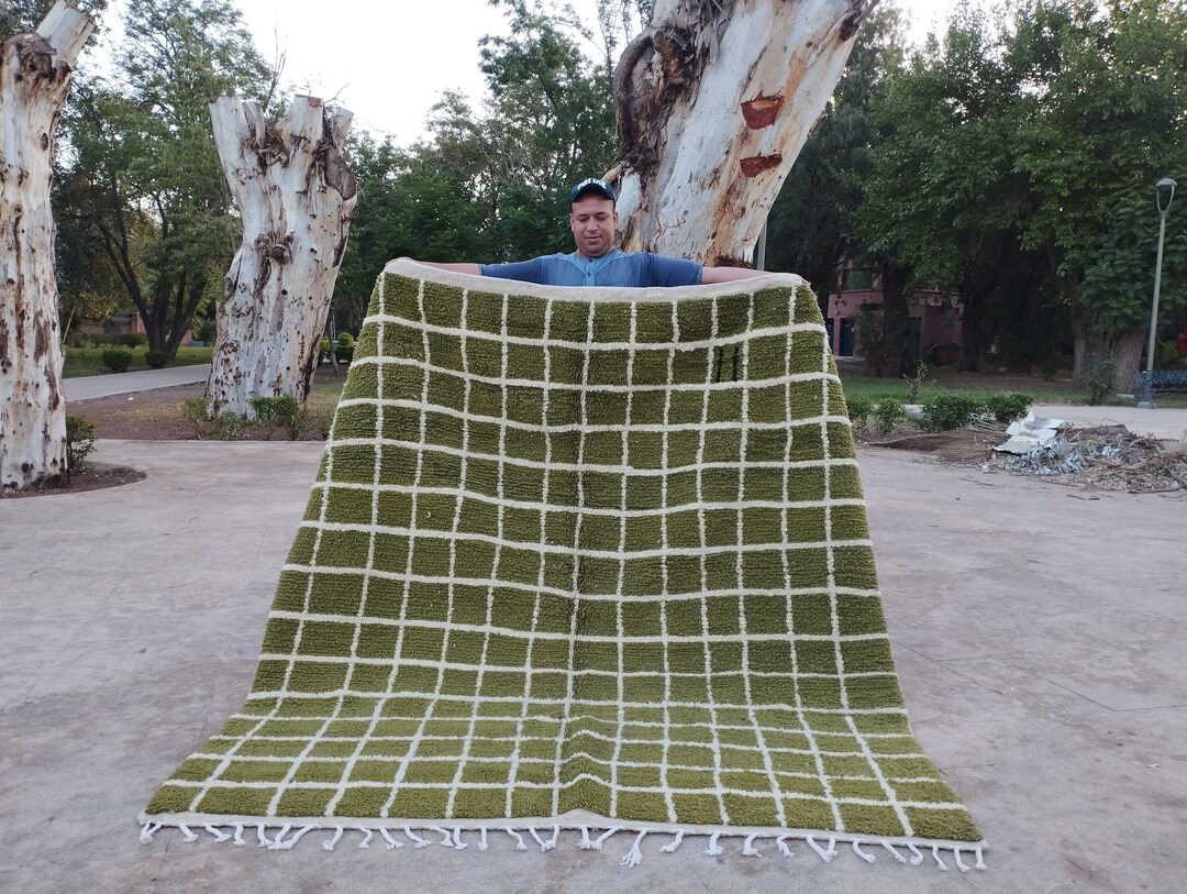 Soft GREEN WOOL Living Room ,berber Grid Pattern Rug ,stunning Moroccan Carpets Green , Beni ...
