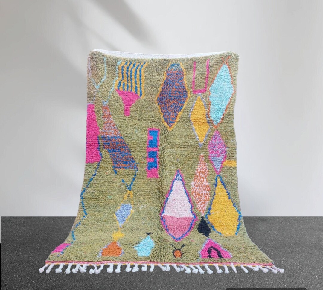 CUSTOM Dark Green Abstract Moroccan Rug ,colorful Hand-woven Berber ...