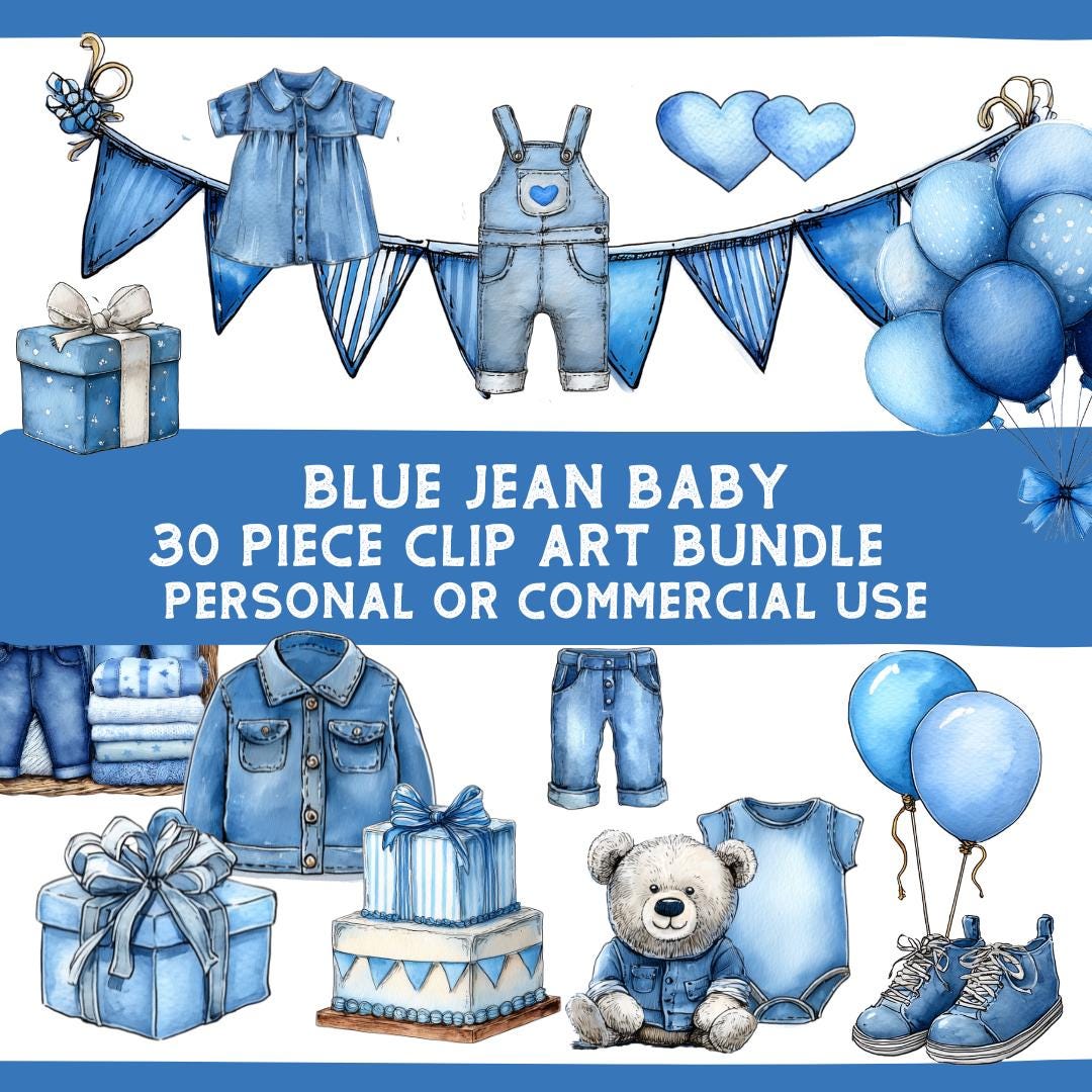Blue Jean Baby on the Way Clipart Set of 30 for Invitations or Decor ...