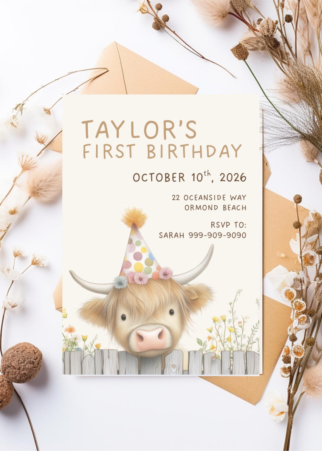 Highland Cow Birthday Invitation, Cute Highland Cow Baby Shower Invites ...