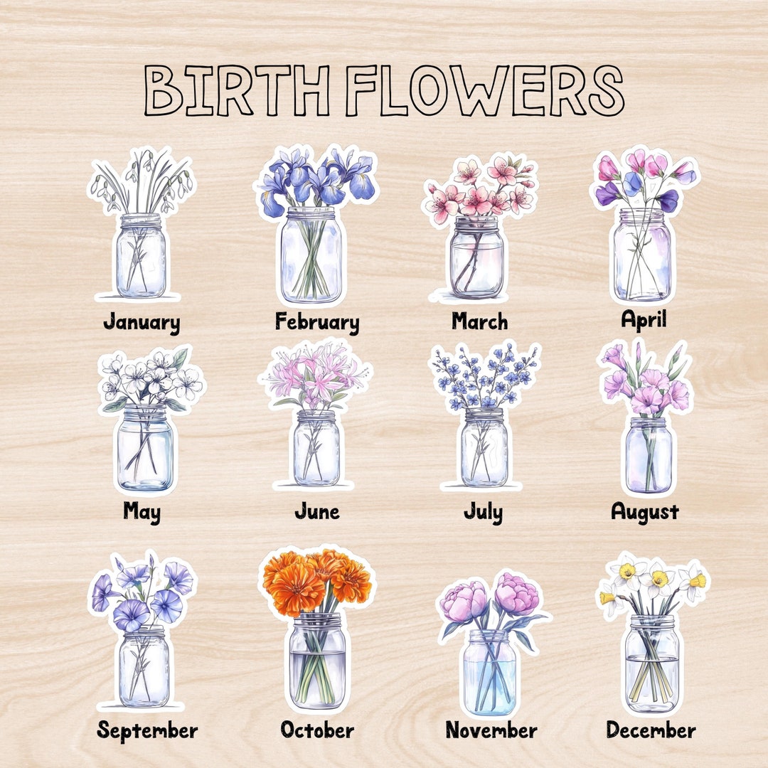 Birth Flower Stickers, Birth Month Flower Sticker, Minimalistic Flower ...