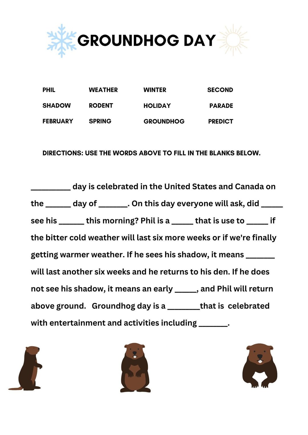 Groundhog Day Word Search & Activity Sheet. Having Fun and Learning ...