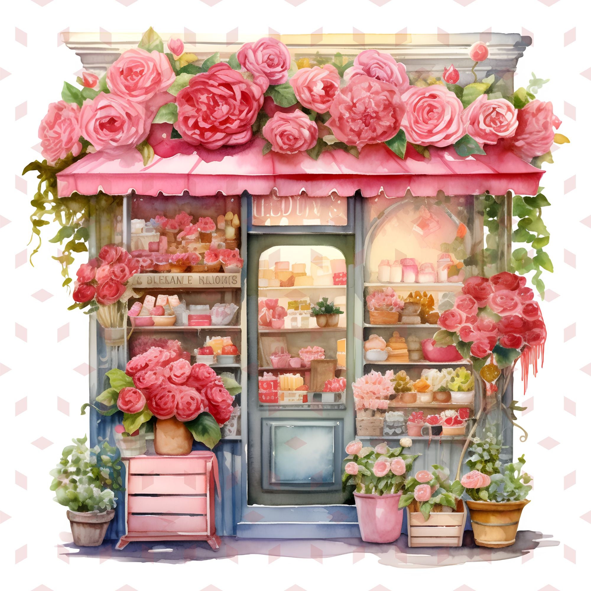 Watercolor Rose Shop Clipart 10 PNG Files Rose Storefront - Etsy