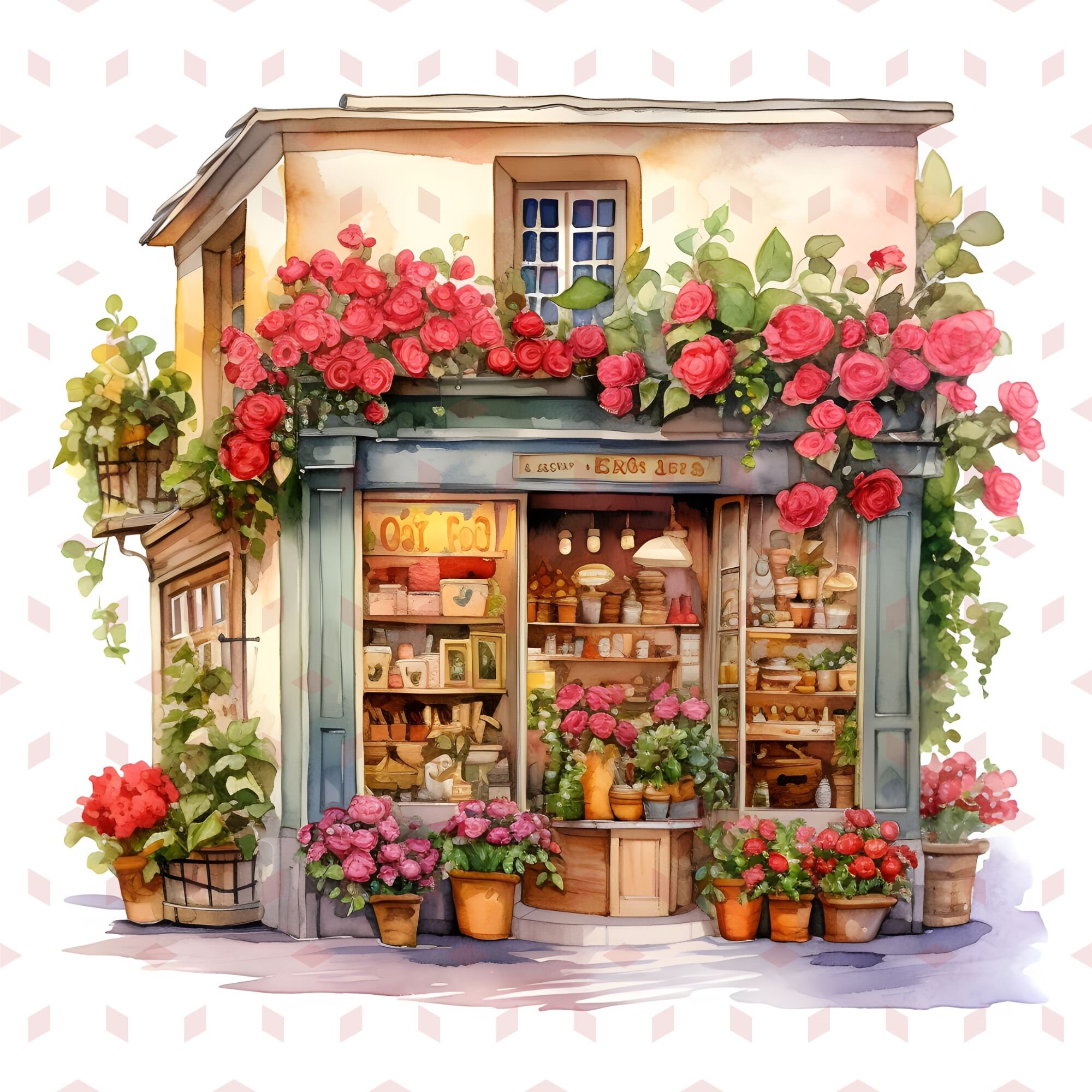 Watercolor Rose Shop Clipart 10 PNG Files Rose Storefront - Etsy