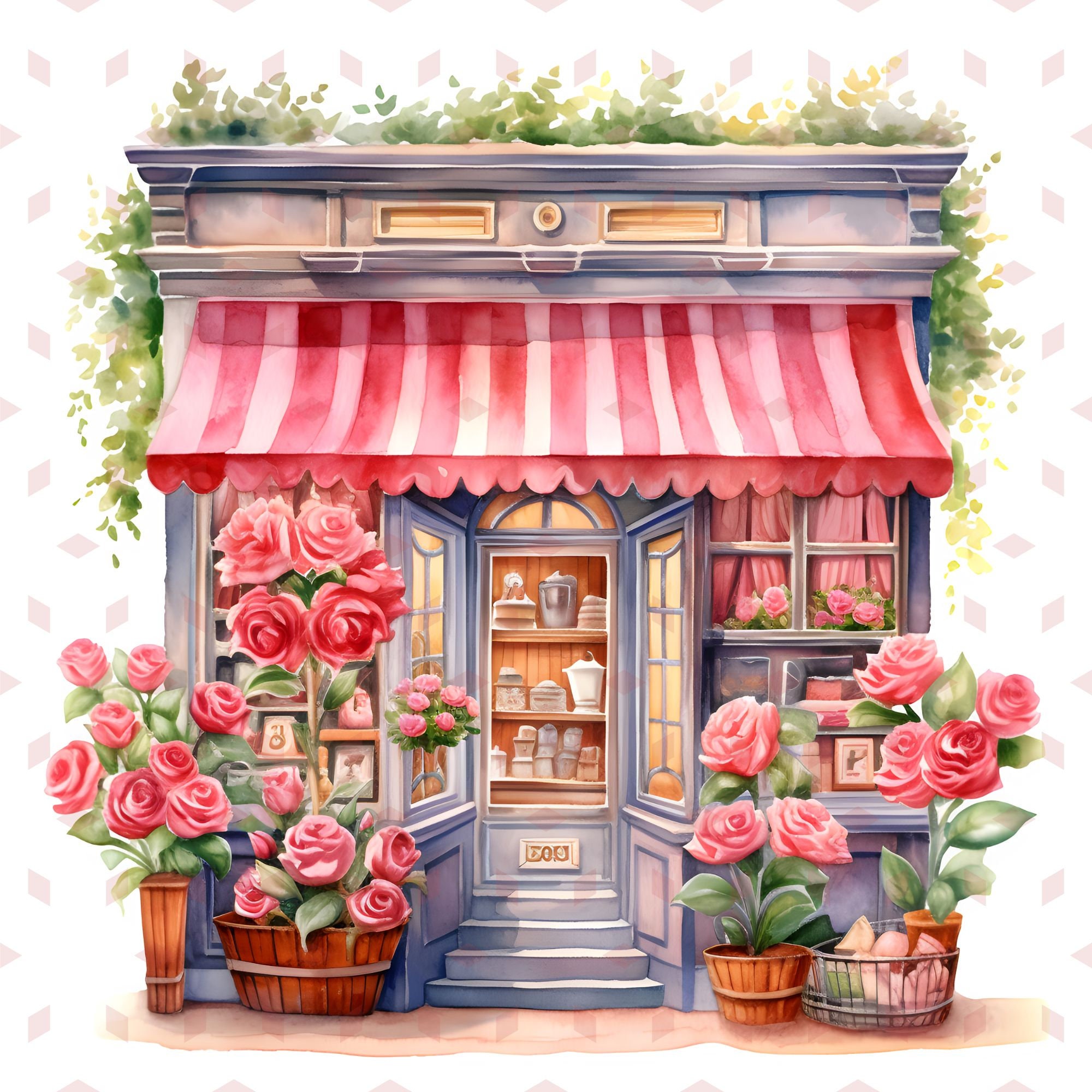 Watercolor Rose Shop Clipart 10 PNG Files Rose Storefront - Etsy