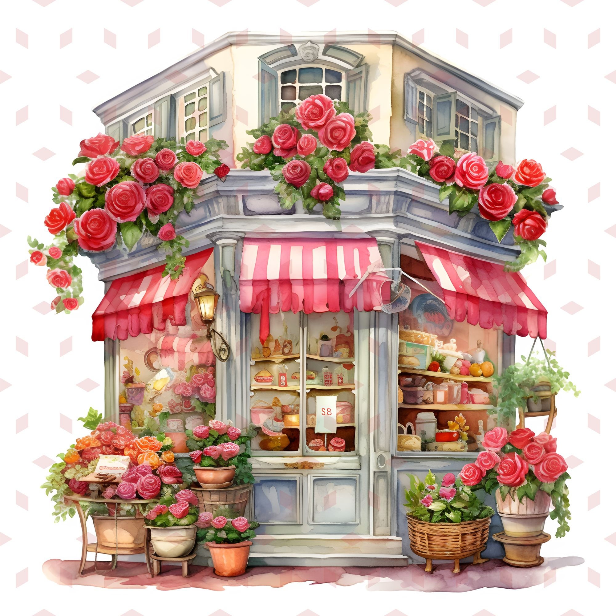 Watercolor Rose Shop Clipart 10 PNG Files Rose Storefront - Etsy