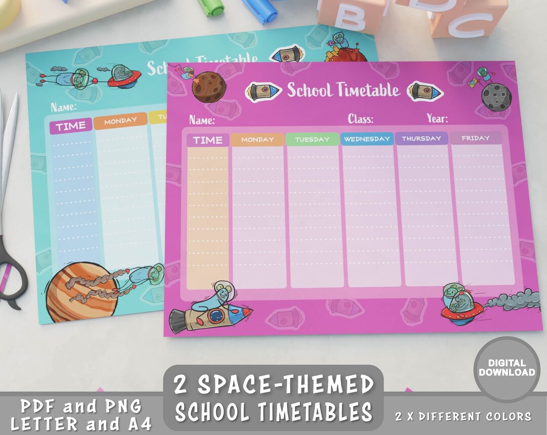 Pink Space-themed School Timetables for Kids - Instant Download in PNG ...