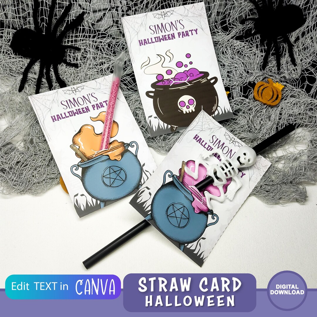 Editable Halloween Straw Card, Treats Box, Kids Party Favor, Editable ...
