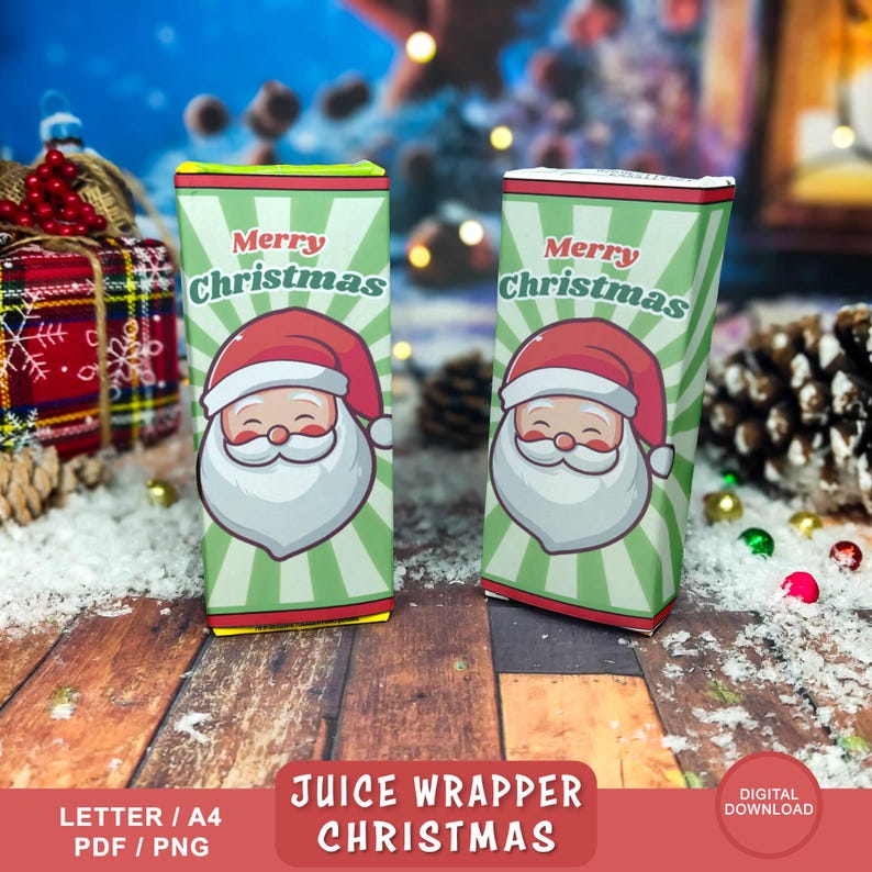 Christmas Juice Box Wrappers for Kid, Cute Santa, Printable Classroom ...