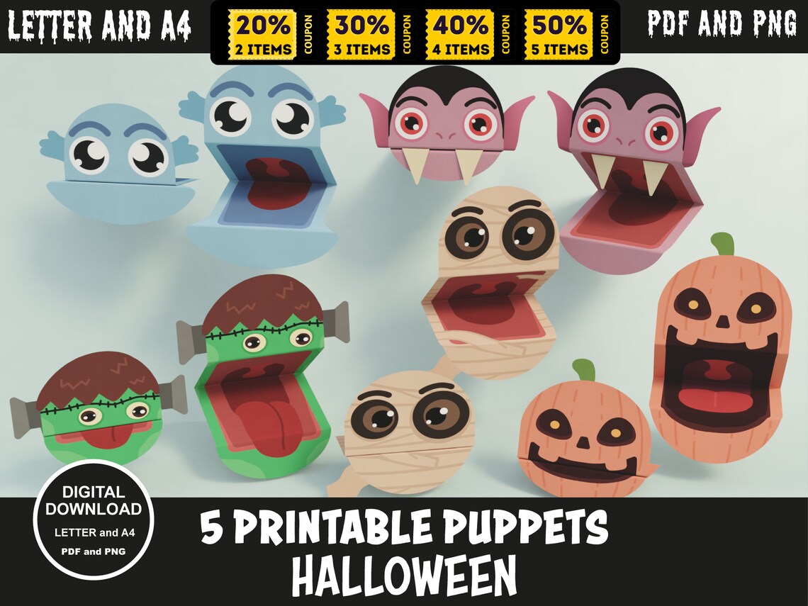 Halloween Puppets Printable Templates Set of 5 Iconic Characters DIY ...