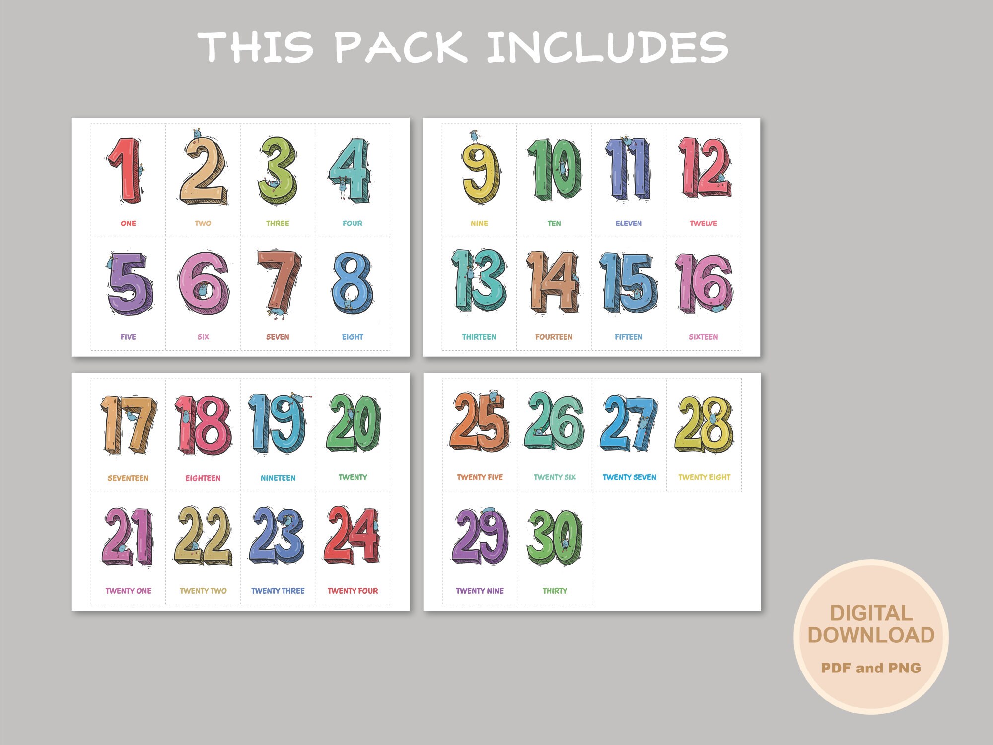 Printable Preschool Flashcards Numbers 1-30 Vibrant Colors Numerals - Etsy