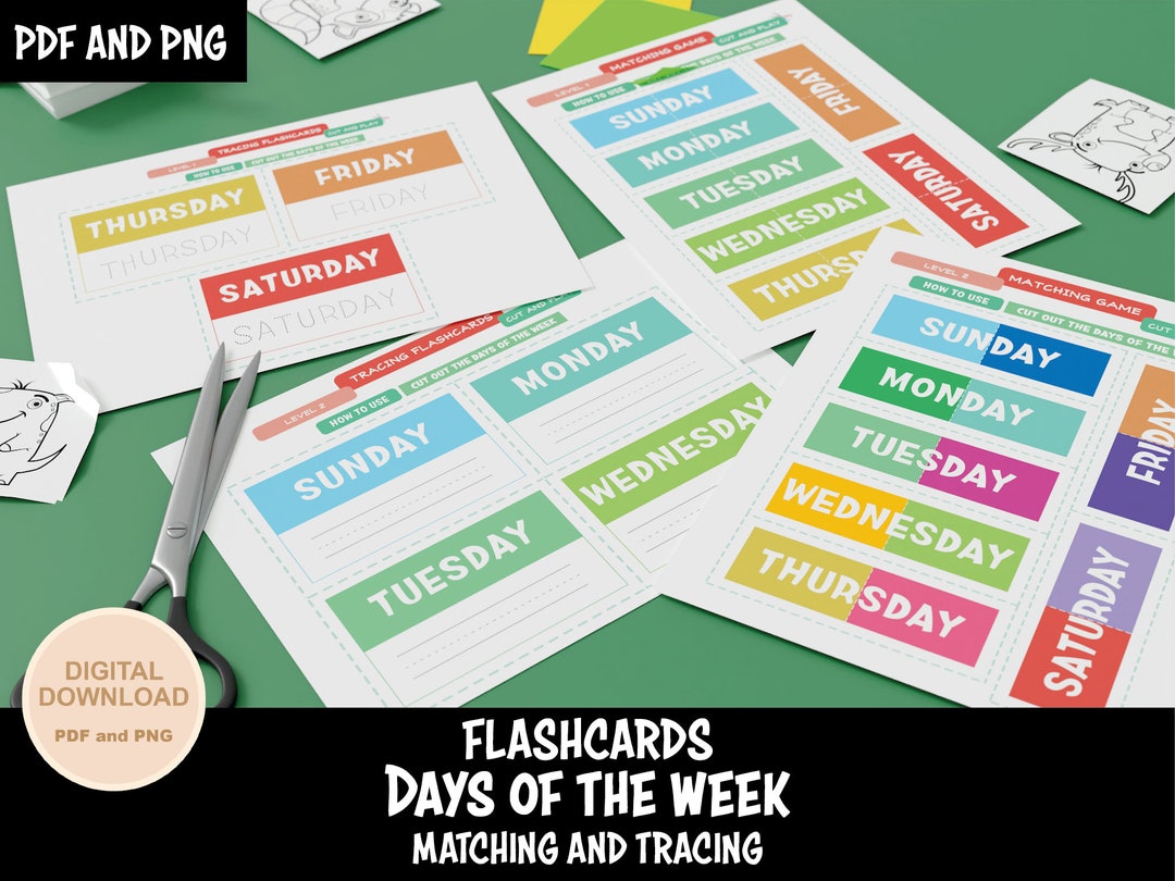 Days of the Week Flashcards Printable Days of the Week Match - Etsy