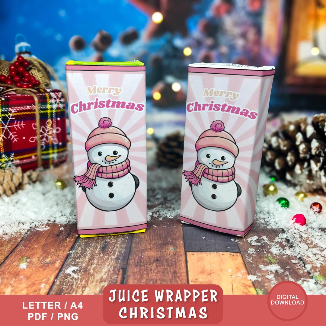 Christmas Juice Box Wrappers for Kid, Cute Pink Snowman, Printable ...