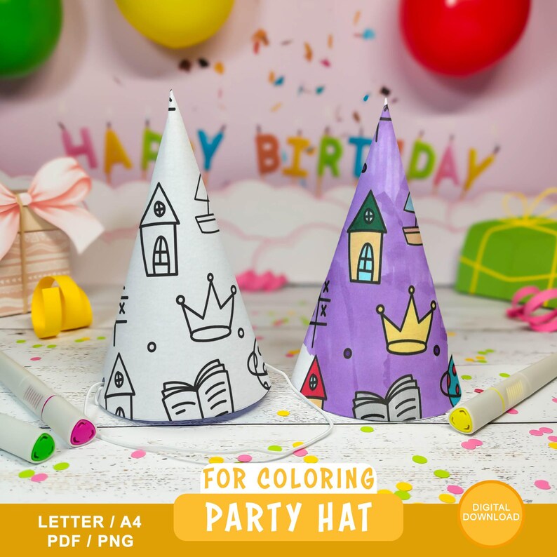 Coloring DIY Kids Party Hat, Printable Paper Hat for Coloring, Fun ...