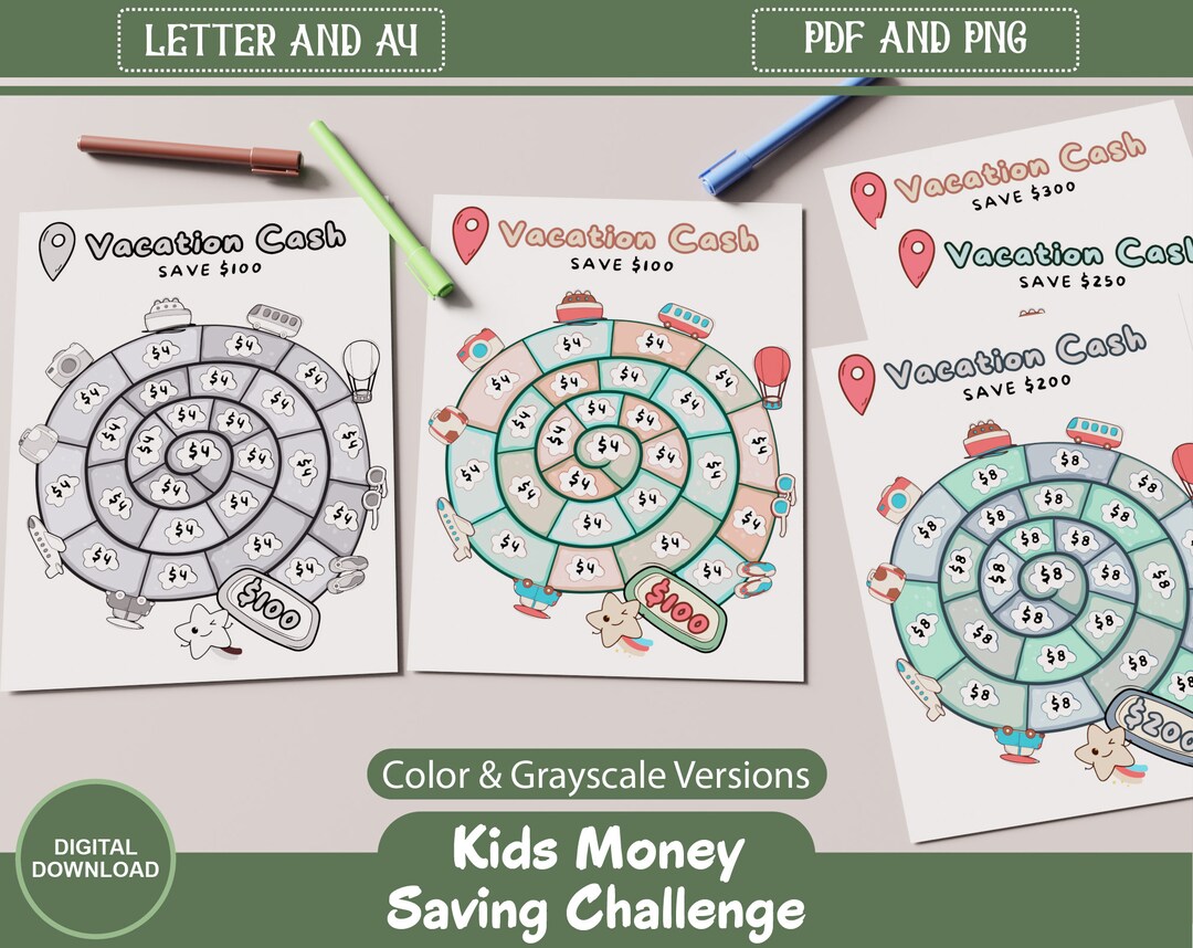 Kids' Money Saving Challenge - Mini Savings Tracker Printables, Fun ...