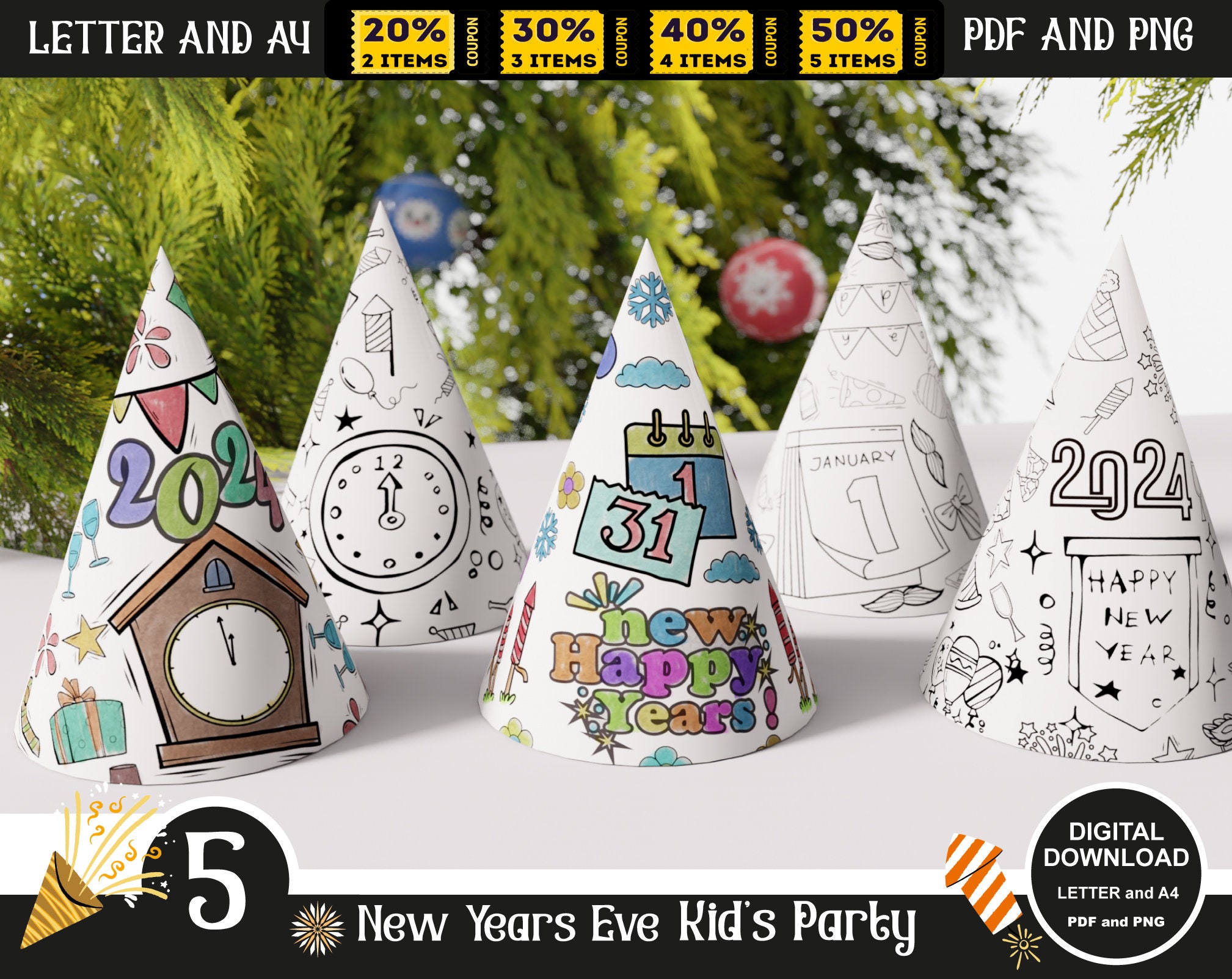 Ring in the New Year With Fun Coloring Party Hats for Kids Midnight ...