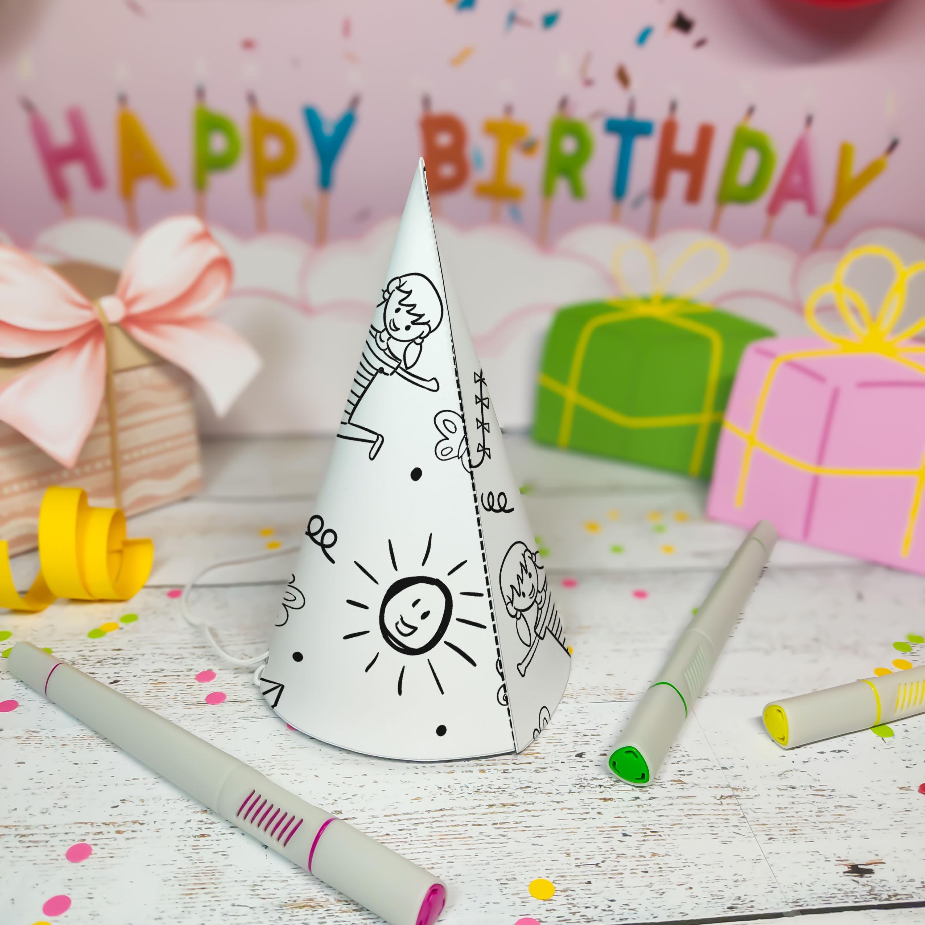 Coloring DIY Kids Party Hat, Printable Paper Hat for Coloring, Fun ...
