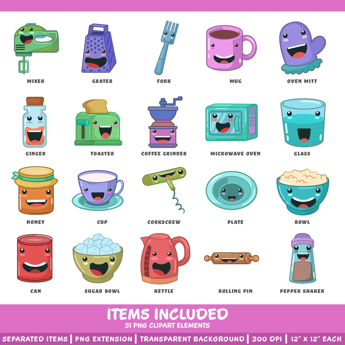 Kitchen Clipart Set, Kawaii Clipart, Cute Clipart, 31 PNG Cliparts ...