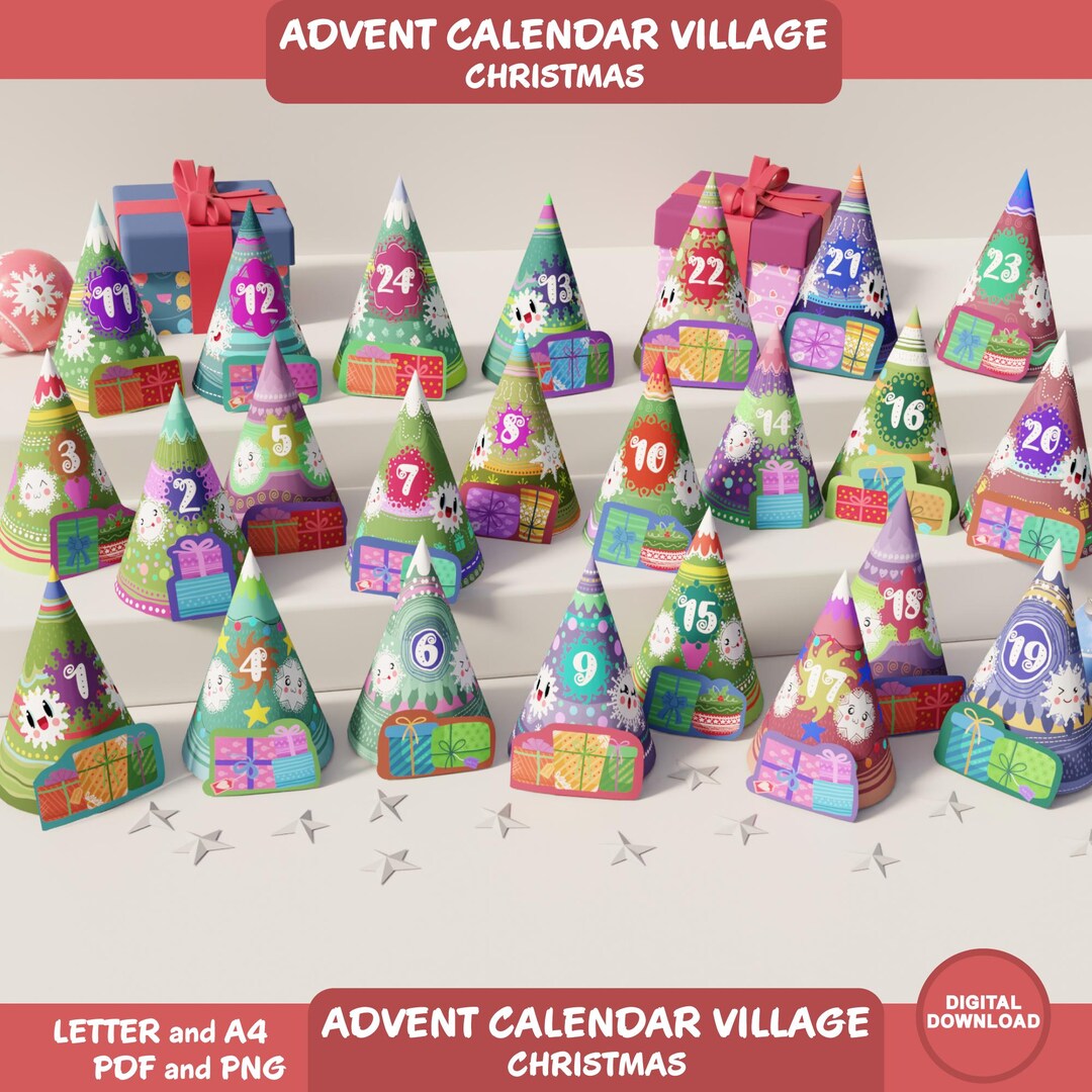 DIY Paper Christmas Village Advent Calendar - Colorful Christmas Trees ...