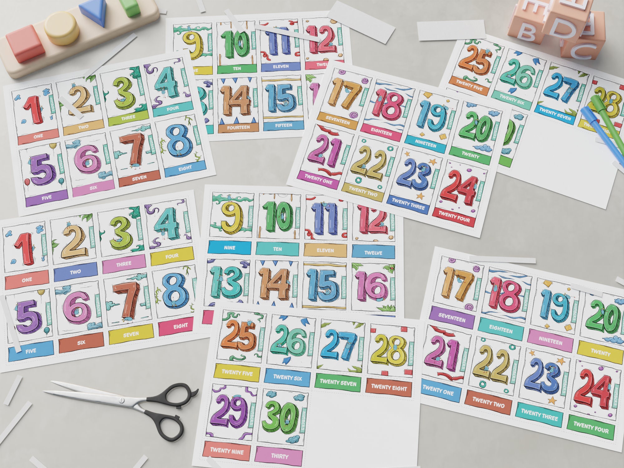 Printable Preschool Flashcards Numbers 1-30 Vibrant Colors Two Sets ...