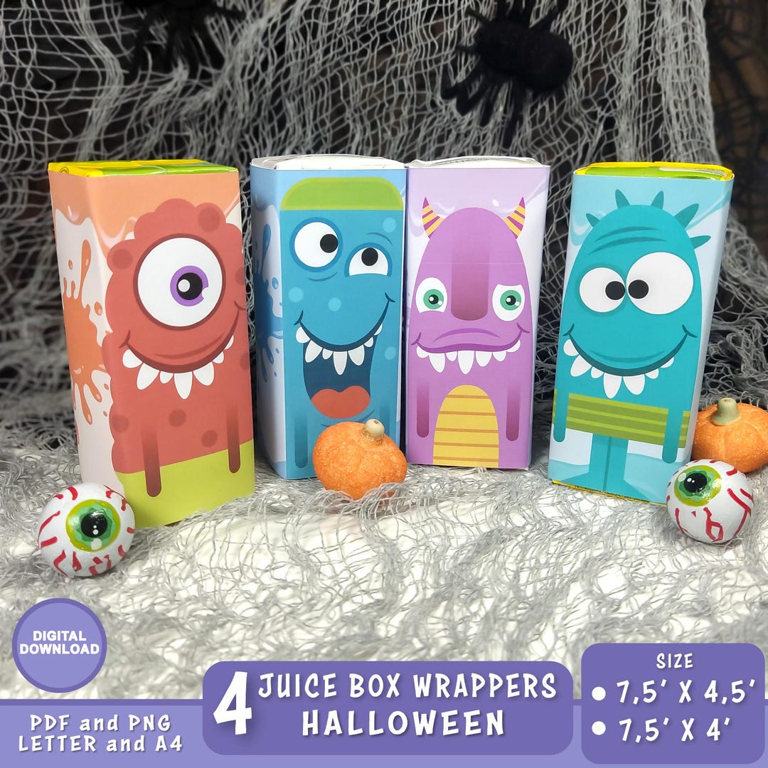 Halloween Juice Box Wrappers, Monsters, Juice Labels, Halloween Party ...